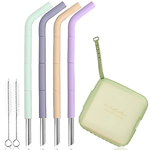 Reusable Silicone Drinking Straws 4PCS Splicable Straws with Travel Case Cleaning Brush -Silicone Straws Length Adjustable Drinking for 20/30/32oz Tumblers(0.2'' diameter)