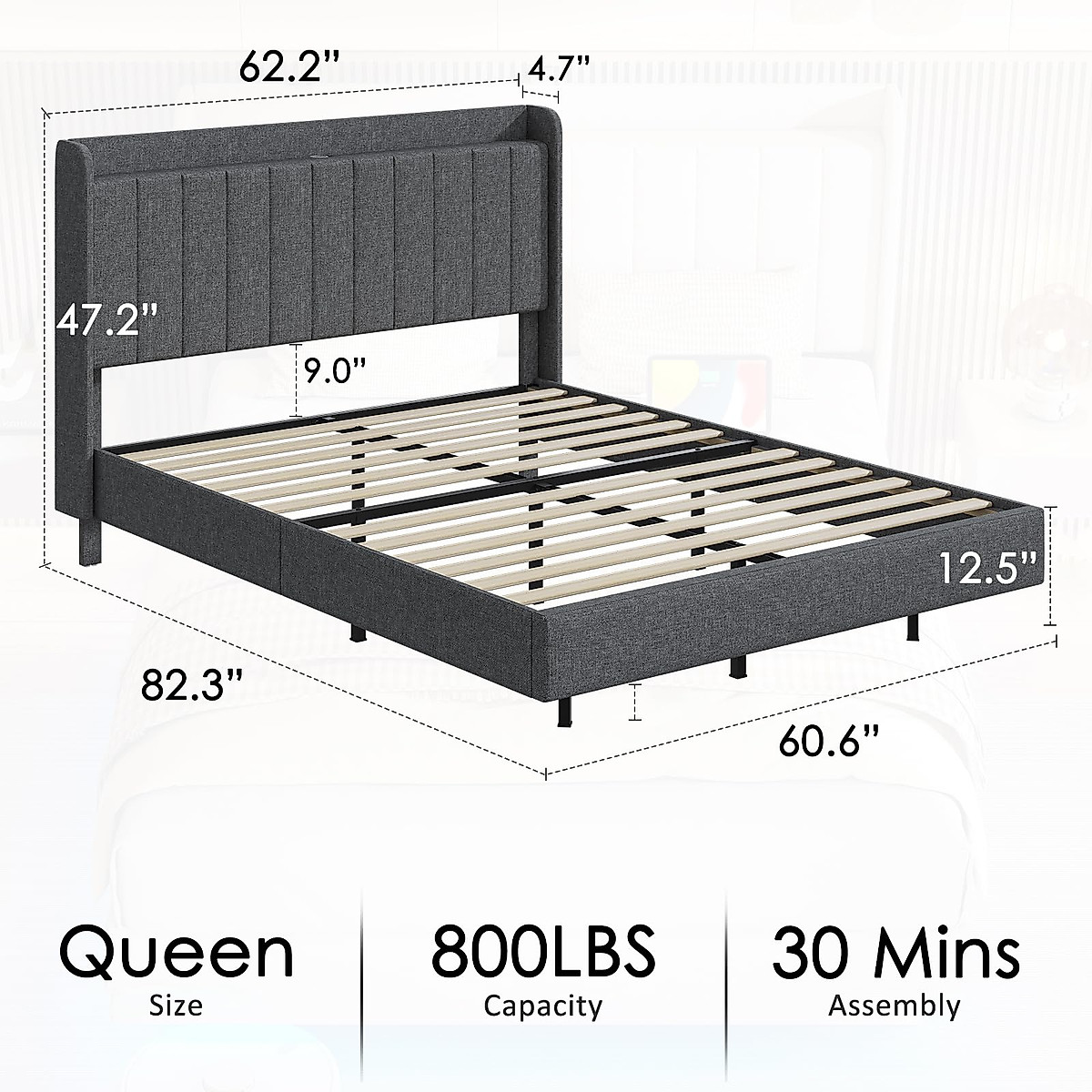 Saudism Upholstered Bed Frame with Storage Headboard, USB Ports, LED Lights - Queen Size, Floating, Noise-Free, Dark Grey