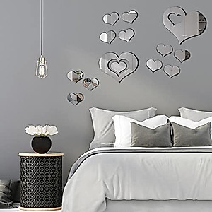 KIMOBER 13PCS Heart Shape Mirror Wall Stickers, Valentine's Day Silver Acrylic Removable Self-Adhesive Mirror Decals for Home Decorations