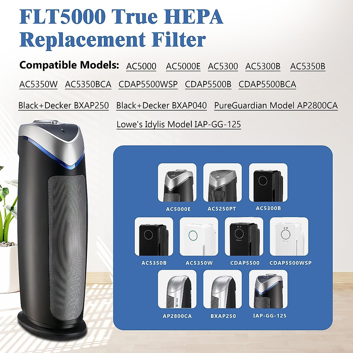 6 Packs FLT5000 Plastic Frame True HEPA Filter C Replacement Compatible with AC5000 AC5000E AC5250PT AC5350B AC5350BCA AC5350W AC5300B with 6 Packs Activated Carbon Pre-Filters