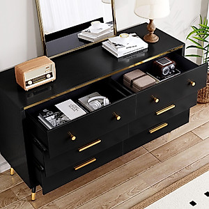 DWVO Black 6 Drawer Dresser, 47" W Large Double Dresser Chest of Drawers, Modern Wood Storage Dresser Organizer with Golden Metal Handles & Anti-Tipping Device for Hallway, Entryway, Dresser Room