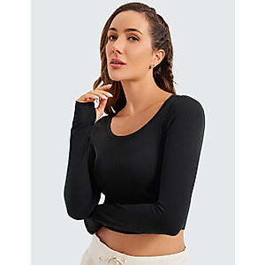 CRZ YOGA Butterluxe Long Sleeve Crop Tops for Women Slim Fit Workout Shirts Cropped Athletic Gym T-Shirts Black Small