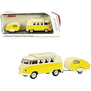 VW T1 Camper Bus with Travel Trailer Yellow and Cream 1/64 Diecast Models by Schuco 452026700