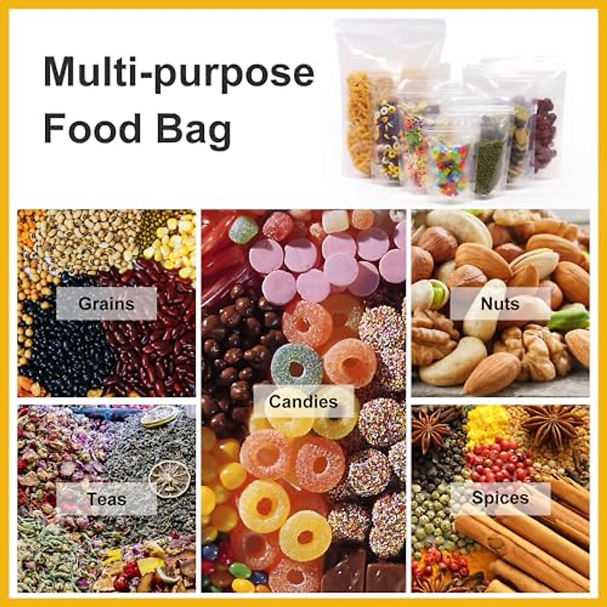 SumDirect 100pcs 5.1x7.8 Inches Clear Stand Up Food Bags, Resealable Zipper Stand-up Reusable Food Pouches Snack Packing Bag with Tear Notch Heat Resealable for Storing, Cookie, Snack Tea and Drinking