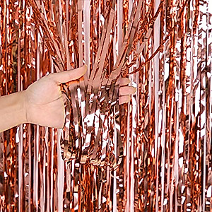 BTSD-home Rose Gold Foil Fringe Curtain, Metallic Photo Booth Backdrop Tinsel Door Curtains for Wedding Birthday Bridal Shower Baby Shower Bachelorette Christmas Party Decorations(4 Pack, 8ft x 3ft)
