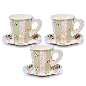 24 Disposable Tea Party Cups 5 oz 3" 24 Saucers 5" Paper Floral Shaped Plate Teacup Set with Handles for Kids Girls Mom Coffee Mugs Wedding Birthday Bridal Baby Shower Mint Green Pink Table Supplies