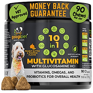 Googipet Premium 10 in 1 Dog Vitamins Multivitamin Chewable w/Dog Probiotics for Gut Health, Dog Vitamins and Supplements w/Vitamin C & Glucosamine for Joint Support (Peanut Butter & Pumpkin Flavor)