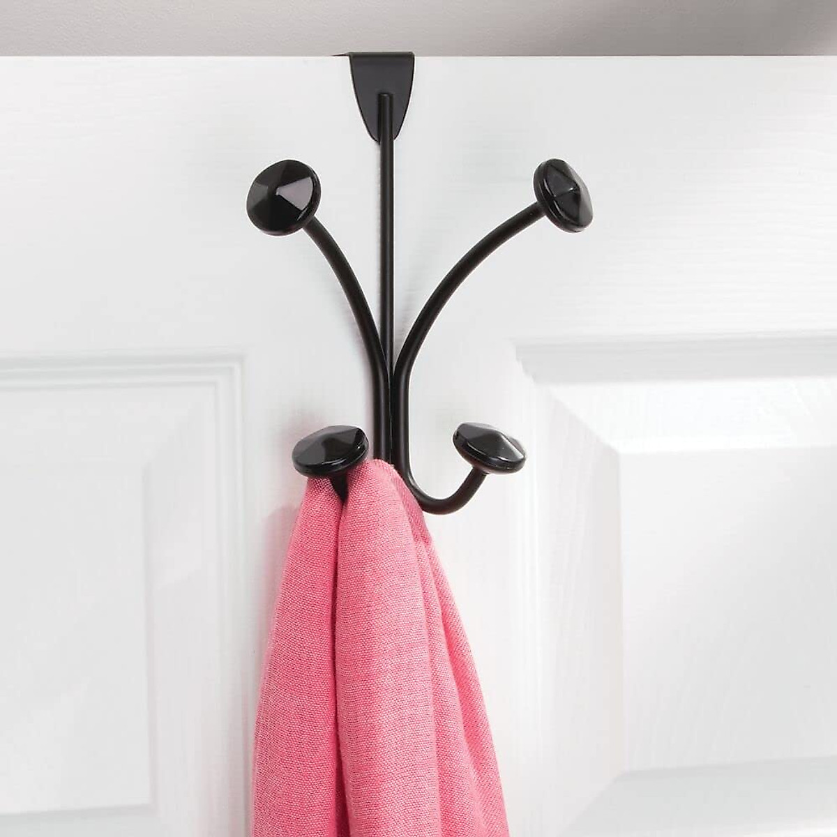 mDesign Decorative Over Door 4 Hanging Hooks, Steel Storage Organizer Rack for Coats, Hoodies, Hats, Scarves, Purses, Leashes, Bath Towels, Robes, Mens and Womens Clothing - 2 Pack - Matte Black