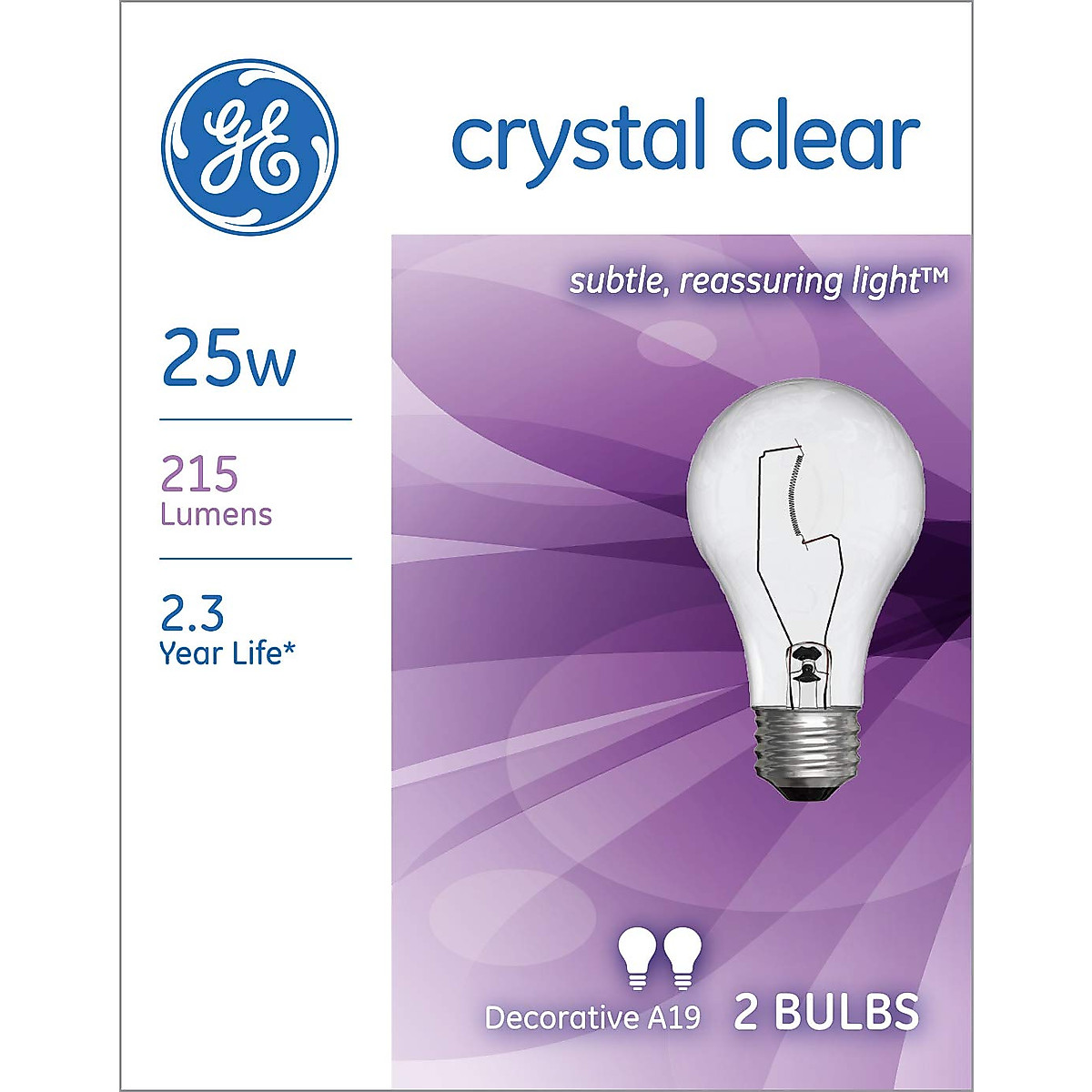 GE 97478 25-Watt 215-Lumen Decorative A19 Incandescent Light Bulb, Crystal Clear, 2-Pack