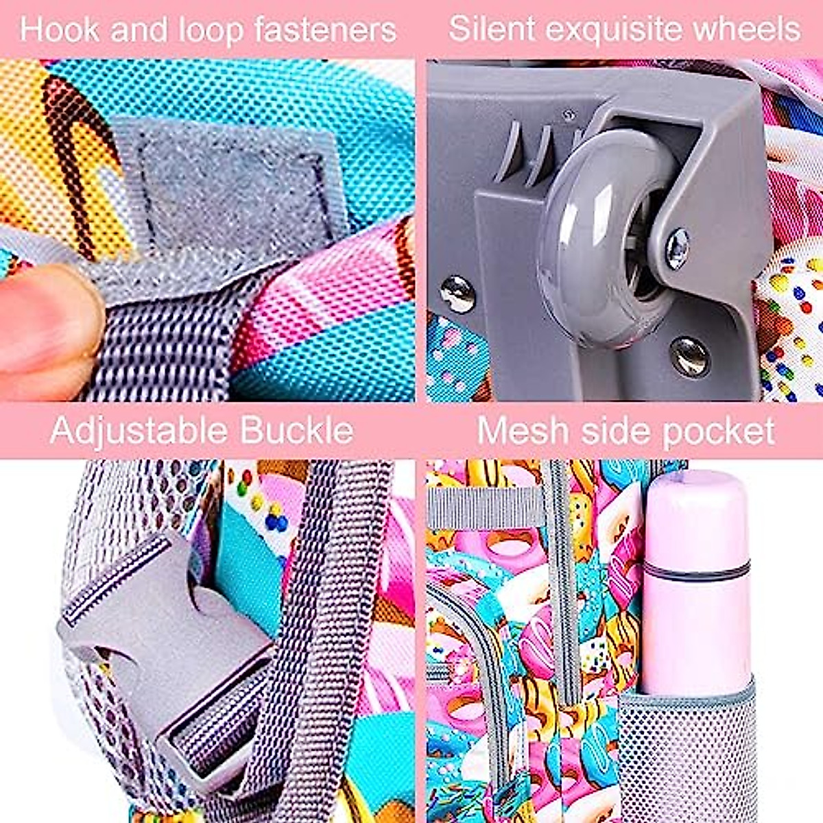 3PCS Rolling Backpack for Women, 19 Inches Travel Roller Bookbag with Wheels, Teen Girls College Backpacks Wheeled - Donuts