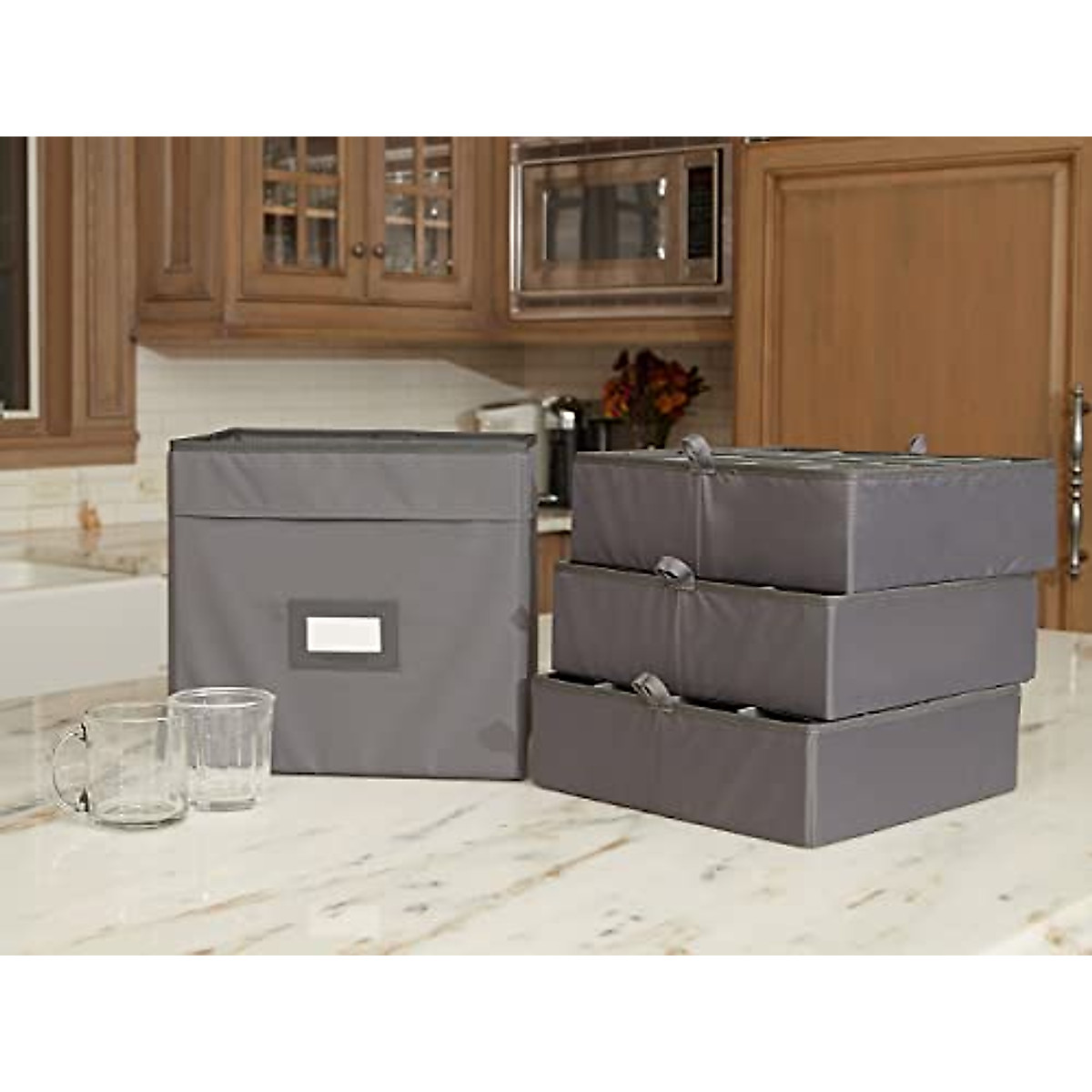 Kitchen Cube Glassware Storage Bin - Durable Polyester, Adjustable Compartments, Sturdy Interior Walls, ID Window, Kitchen Storage-Graphite