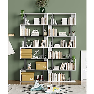 Gadroad 6 Tier Geometric Bookcase,S Shaped Bookshelf, Wood Decorative Storage Shelving, Modern Freestanding Display Shelves, Tall Book Shelf Unit for Living Room Bedroom, White