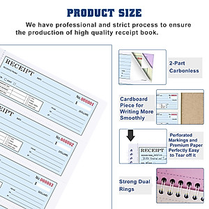 Large Money and Rent Receipt Book with Cardboard Insert,3-Part Carbonless,7.9”x11.2” Spiral Bound,100 Sets per Book,4 Receipts per Page for Office Supplier,Rent and Cash Transaction