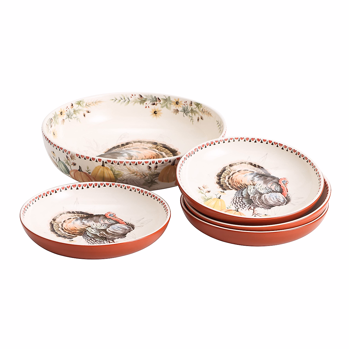 Bico Blessing Season Ceramic Pasta Bowl, Set of 5(1 unit 214oz, 4 units 35oz), for Pasta, Salad, Microwave & Dishwasher Safe, House Warming Gift