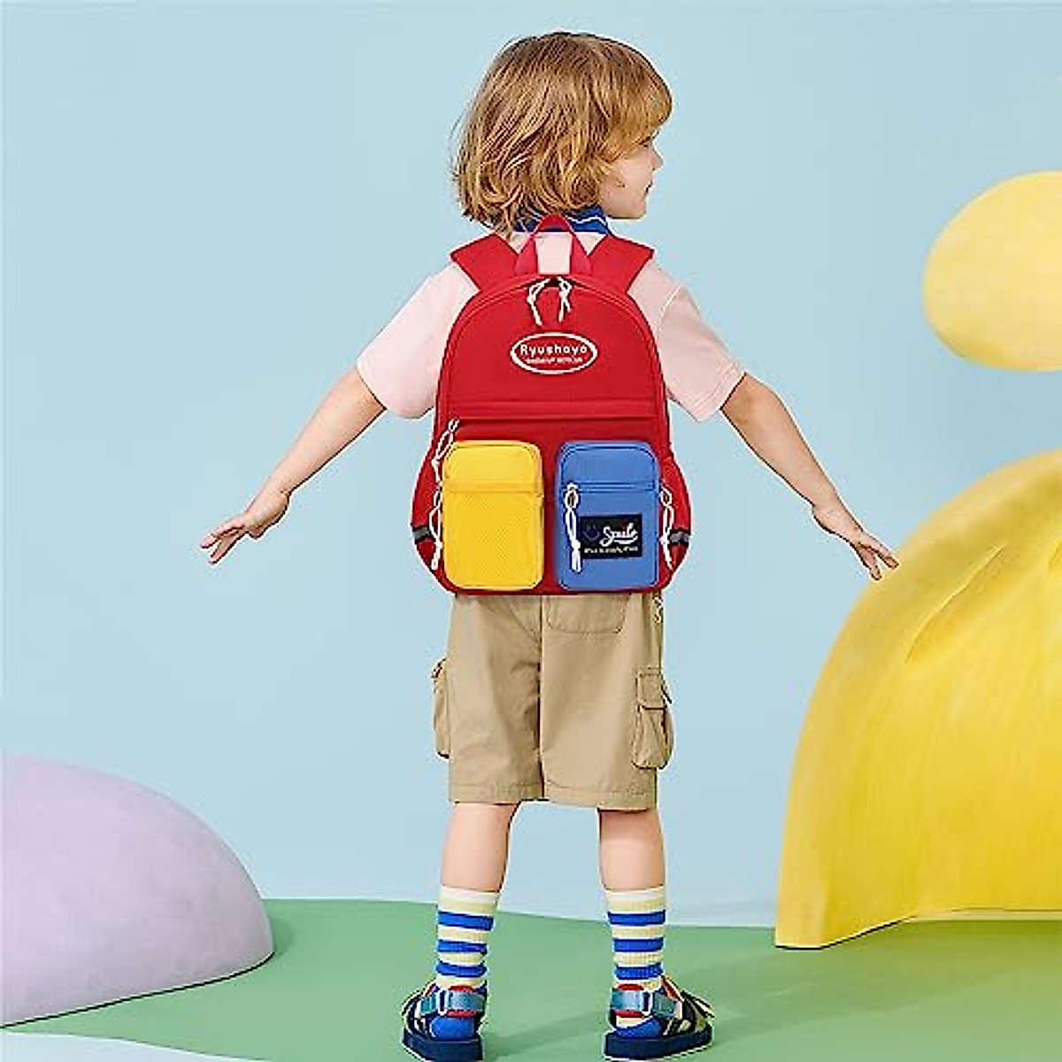 Ryushoyo 13-Inch Kids Backpack for Boys & Girls, Perfect for Daycare and Preschool, Toddler Bags Red Yellow Blue