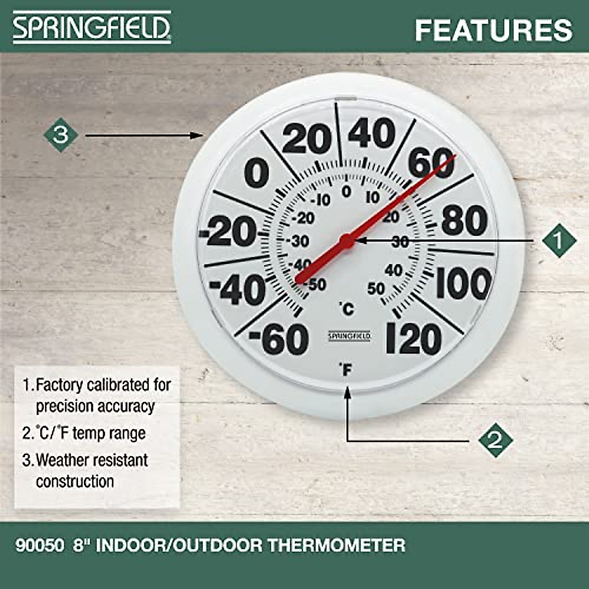 Springfield Indoor Outdoor Big Bold Thermometer, 8.5 Inch, White