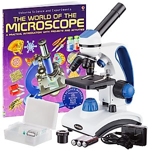AmScope M162C-2L-PB10-WM"Awarded 2018 Best Students and Kids Microscope Kit" - 40X-1000X Dual Light All Metal Microscope with Slides and Microscope Book, Blue