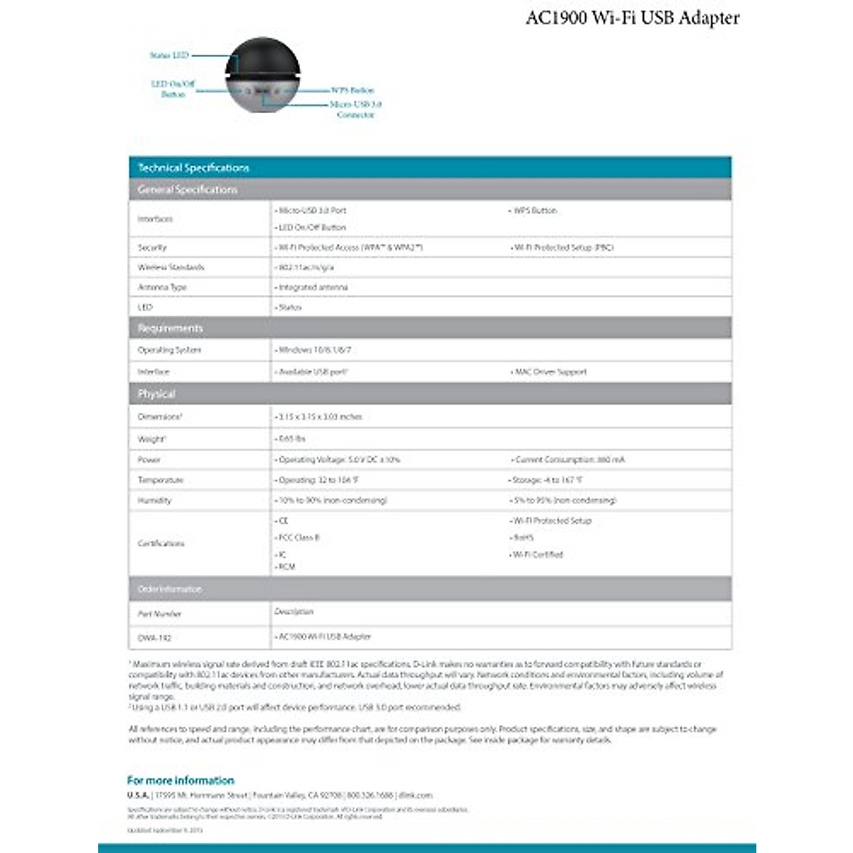 D-Link USB WiFi Adapter AC1900 USB 3.0 Dual Band Long Range Wireless Network for Desktop PC Laptop Gaming (DWA-192)