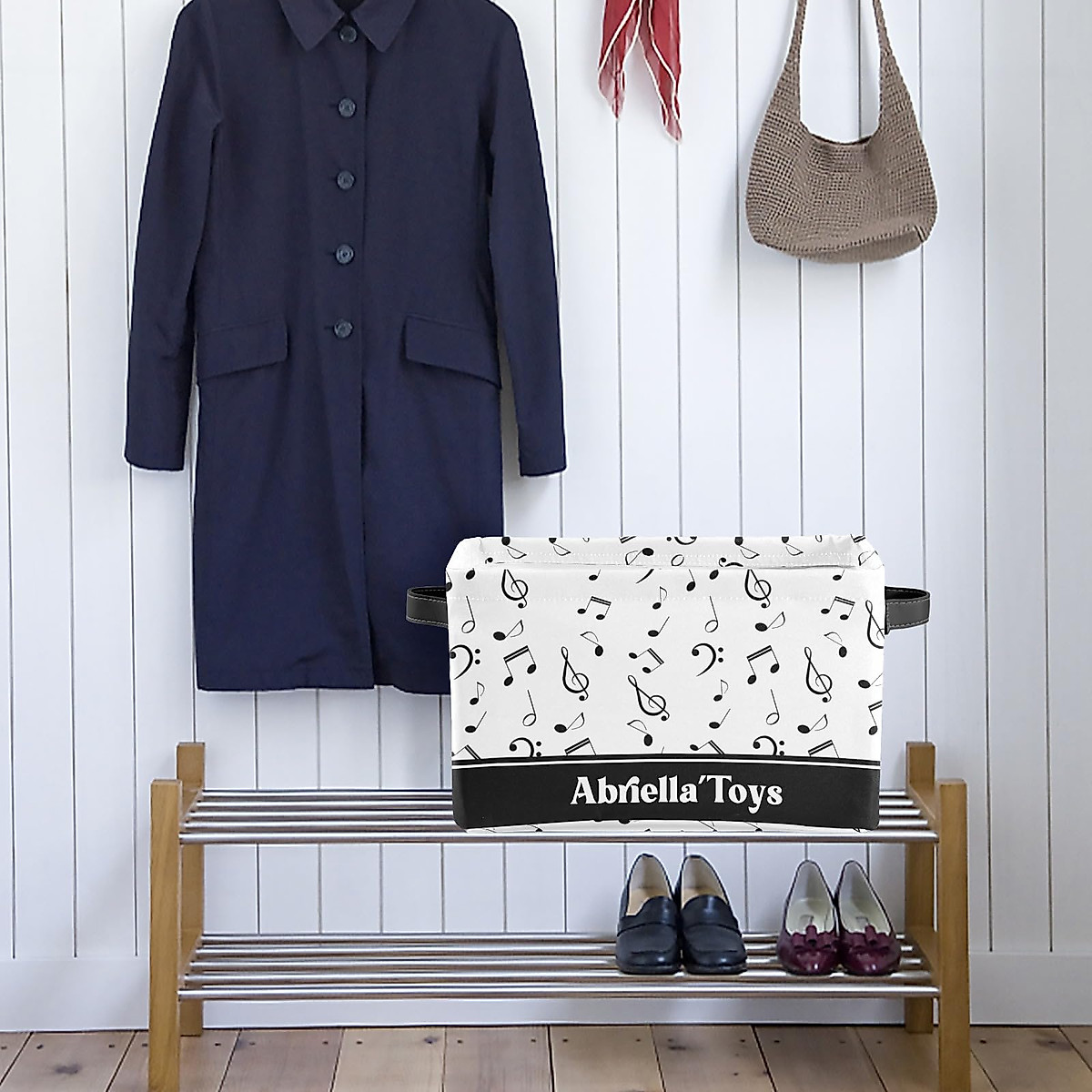 Music Notes Stars Black Storage Baskets for Organizing, Foldable Storage Baskets for Shelves, Fabric Storage Bins with Handles