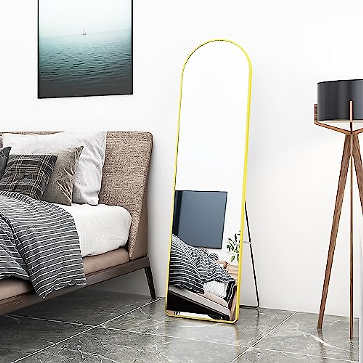 SUPPNEED 59"x15.7" Arched Full Length Mirror, Large Arched Mirror Floor Mirror with Stand, Bedroom Mirror, Modern Arched Shape Wall Mounted, Hanging or Standing, Gold