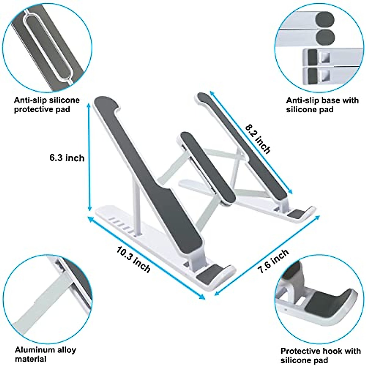 Adjustable Laptop Stand for Desk, Portable Computer Stand Laptop Riser for Desk, Fold able Laptop Holder, 6 Angles Computer Riser, Compatible with 9-15.6 Inch Laptops, Phone, Tablets, Books (White)