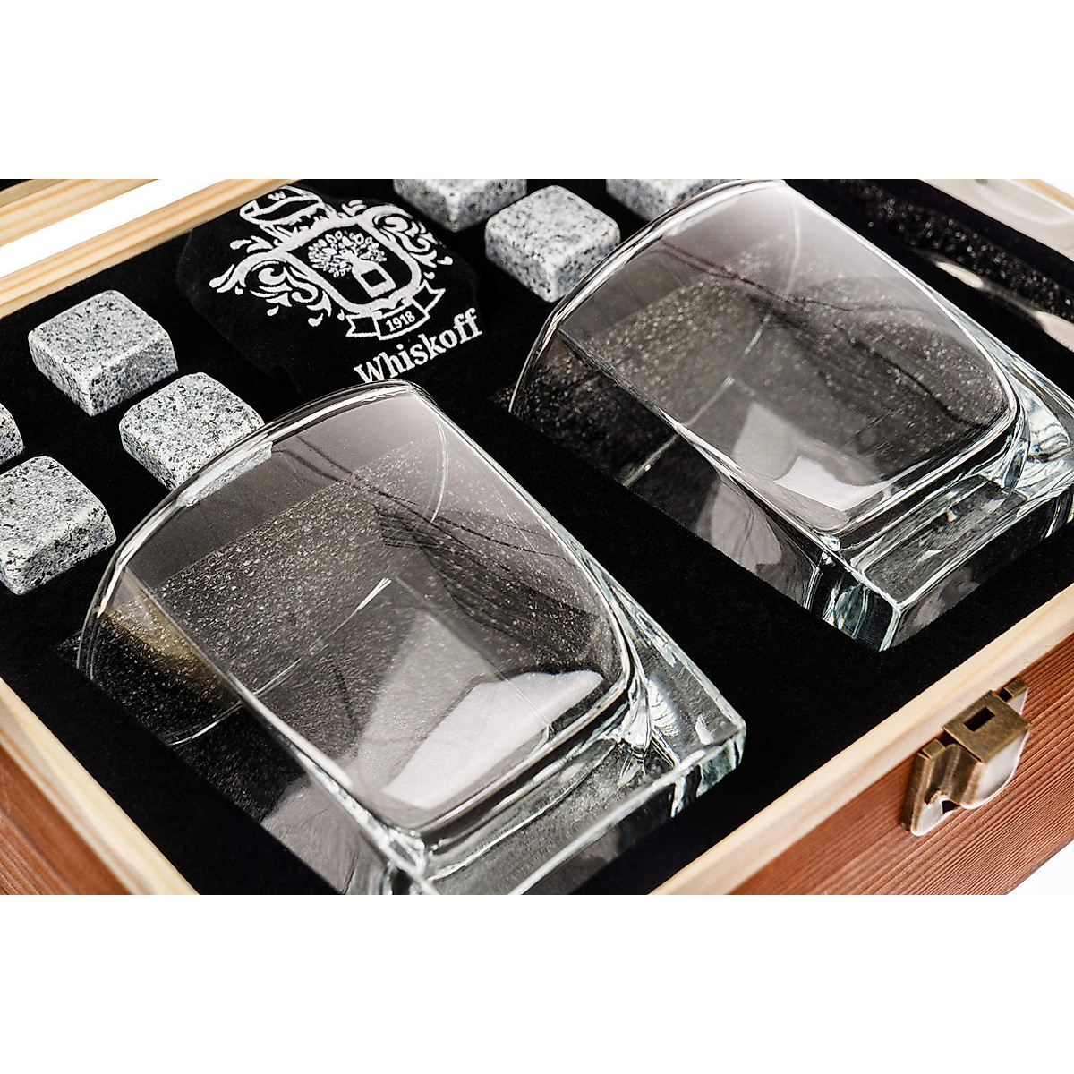 Whiskey Glass Set of 2 - Fathers Day Dad Gifts for Men - Bourbon Whiskey Stones Wood Box Gift Set - Includes Crystal Whisky Glasses, Chilling Rocks, Slate Coasters for Scotch Burbon