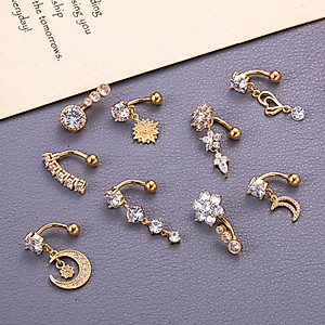 Masedy 9Pcs 14G Stainless Steel Dangle Belly Rings for Women Reverse Navel Rings Curved Barbell Body Piercing Jewelry Gold