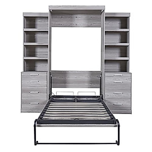 Prohon Twin Vertical Shelf Size Chest with Storage Shelves and Drawers, Saving Wall Canbe Folded into a Cabinet, Strong Wood Slat Support, Versatile Murphy Small Spaces Design Platform Bed, Gray
