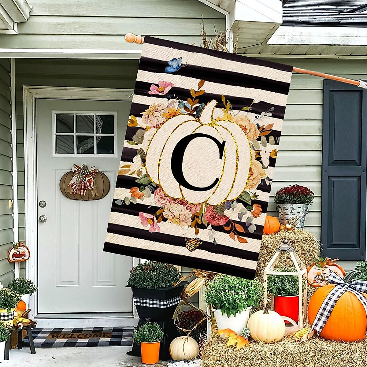 ORTIGIA Monogram Letter C House Flag Fall Pumpkin 28x40 Inch Double Sided Vertical Thankful Floral Yard Flag for Outside Burlap Family Last Name Initial Yard Seasonal Holiday Outdoor Decoration