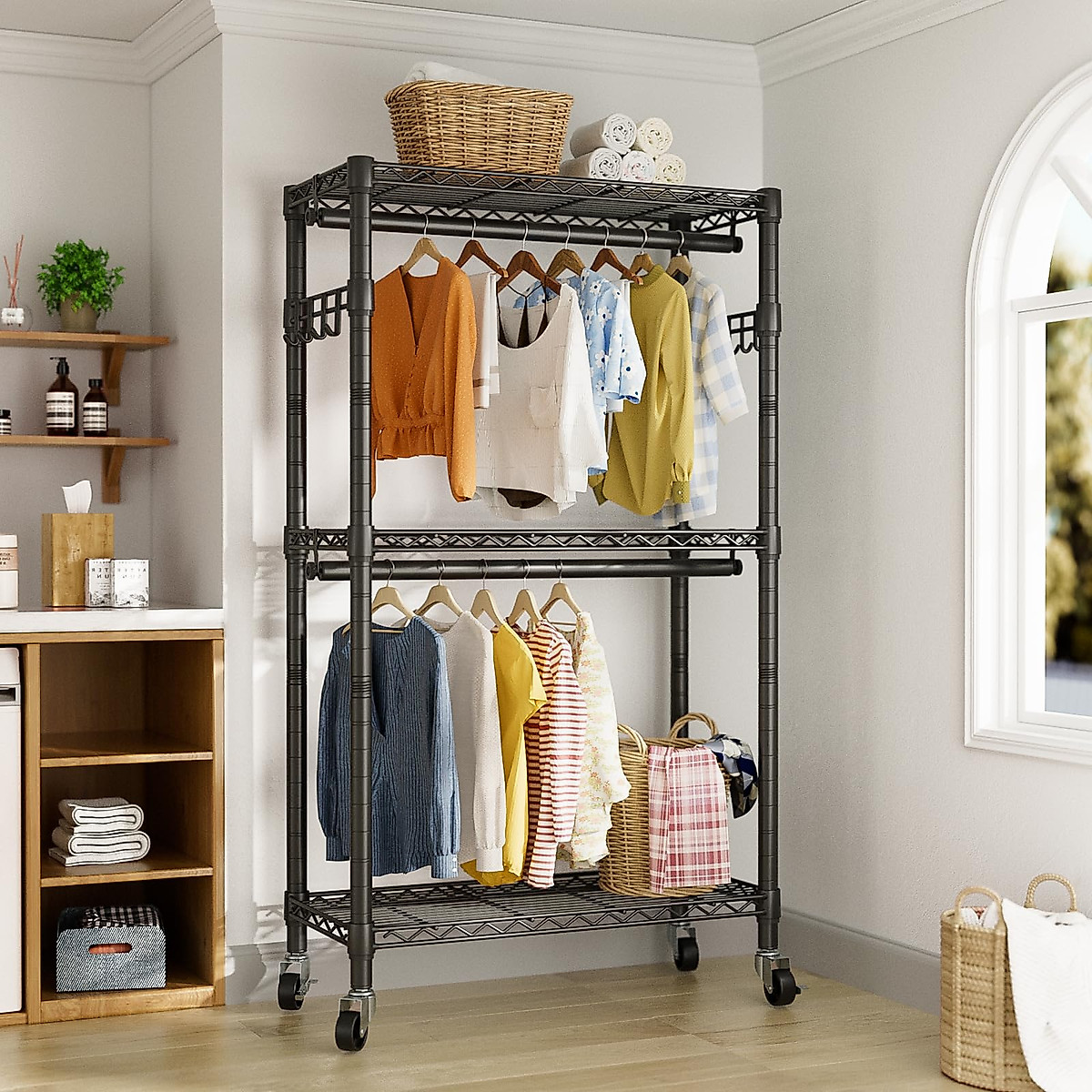 Heavy Duty Clothes Rack Rolling Garment Rack,3 Tier Adjustable Wire Shelving Clothing Racks for Hanging Clothes with Double Rods&Side Hooks,Freestanding Wardrobe Storage Rack Metal Portable Closet
