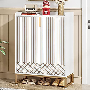 Tribesigns Shoe Cabinet, 25 Pairs Shoe Cabinets with Doors, White 5-Tier Wood Shoes Rack Organizer for Entryway, Freestanding Shoe Storage Cabinet with Gold Metal Frame for Bedroom Hallway Living Room