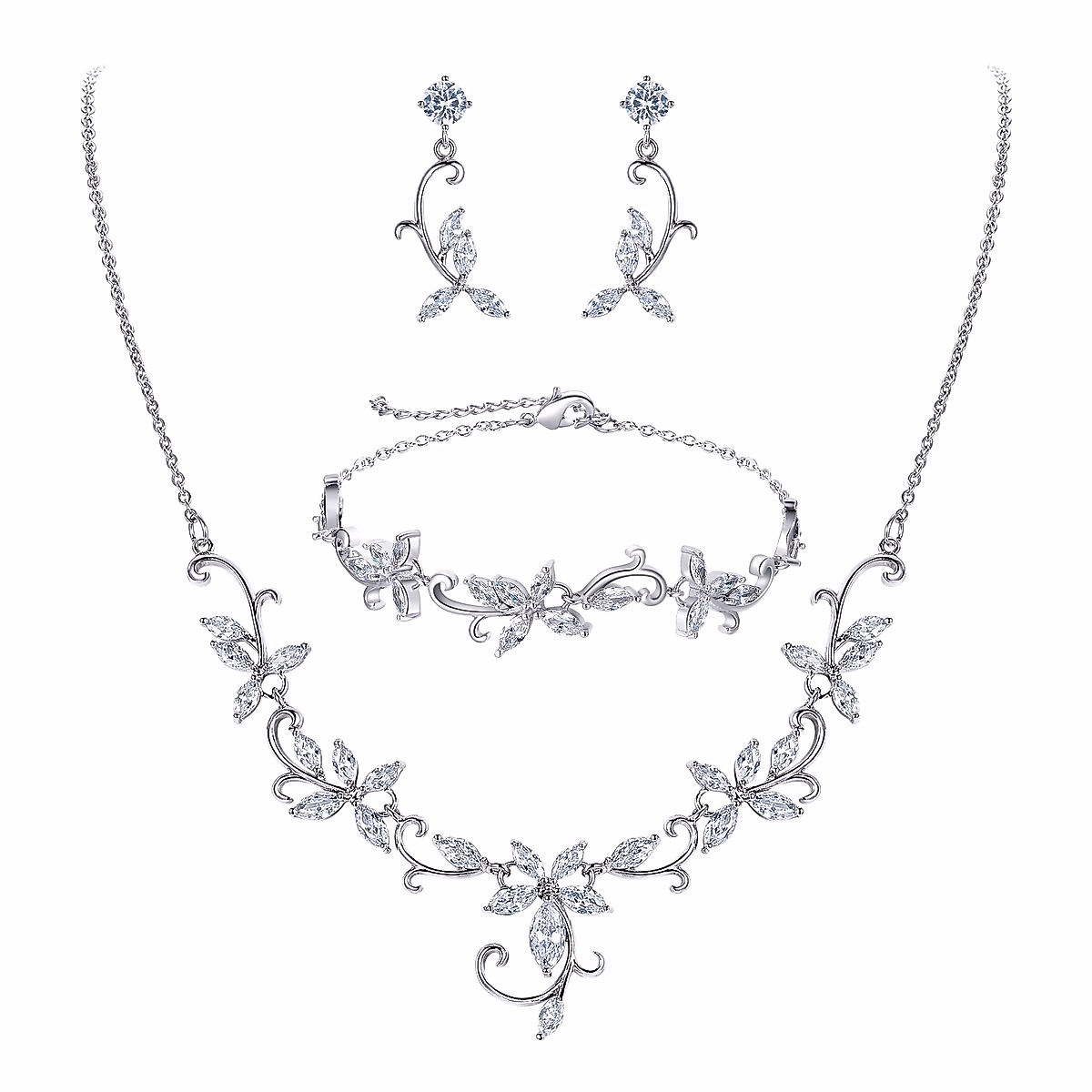 Crysdue Flower Leaf Wedding Jewelry Set for Bridal Bridemaid, Cubic Zirconia Teardrop Elegant Vine Necklace Bracelet Dangle Earrings for Wedding Prom Party Silver Tone