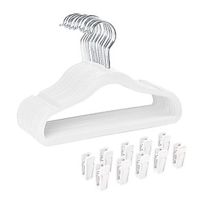 Finnhomy Non-Slip Clothes Hangers for Baby and Kids 30-Pack Velvet Hangers with 10 Finger Clips, White