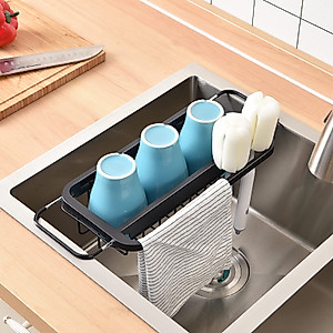 TOOLF Expandable Sink Caddy, Sink Drying Rack with Dish Towel Bar, Over The Sink Adjustable Sink Organizer for Kitchen, Rustproof Sponge Holder Organizer