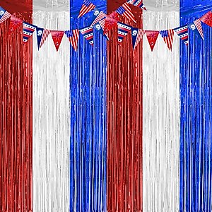 Yzurbu Red White & Blue Decorations, 3 Pack Tinsel Foil Fringe Backdrop Curtains and 2 Pack USA Flag Triangle Pennant Banner for 4th of July, Memorial Day, Labor Day, Patriotic Party