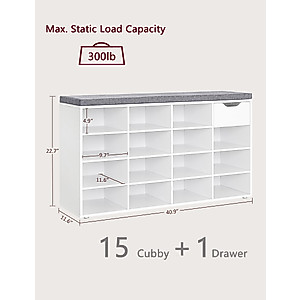 DINZI LVJ Shoe Bench, Entryway Storage Bench with Drawer and 15 Cubbies, Cubby Shoe Rack with Adjustable Shelves, Shoe Organizer Cabinet for Living Room, Bedroom, Mudroom, Closet and Garage, White