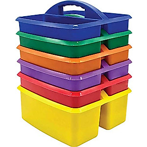 Assorted Primary Colors Portable Plastic Storage Caddy 6-Pack for Classrooms, Kids Room, and Office Organization, (Blue, Green, Orange, Purple, Red and Yellow) 3 Compartment