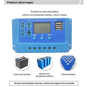 Solar Charge Controller, 12V 24V MPPT Solar Panel Charge Controller Parameter 2 USB LCD Display for RVs (10A)