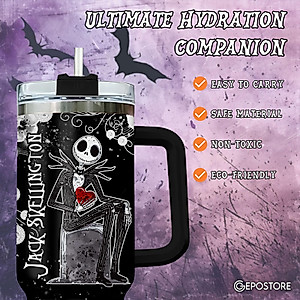 GEPOSTORE Christmas Gifts for Movie Lovers, Black Jack Skeleton 40 oz Tumbler with Handle and Straw, Nightmare Before Movie Cup, Movie Character Mug, Gifts for Men Women on Christmas, Halloween