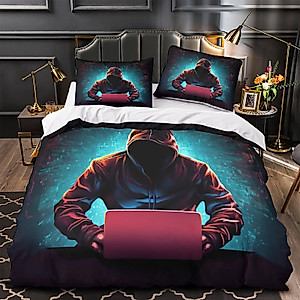EVMILA Mystery Hacker for Teens and Adults 3D Print Computer Quilt Cover Duvet Cover Comforter Covers Soft Microfiber with Pillow Cases with Zipper Closure Bedding Set 3 Pieces Twin（173x218cm）