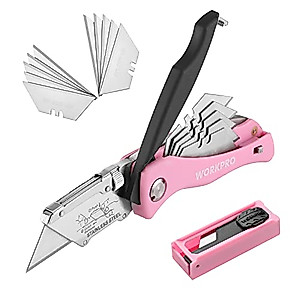 WORKPRO Folding Utility Knife, Quick Change Box Cutter, Pink Razor Knife for Cartons, Cardboard, Boxes with Blade Storage Design, Extra 15 Blades Included - Pink Ribbon