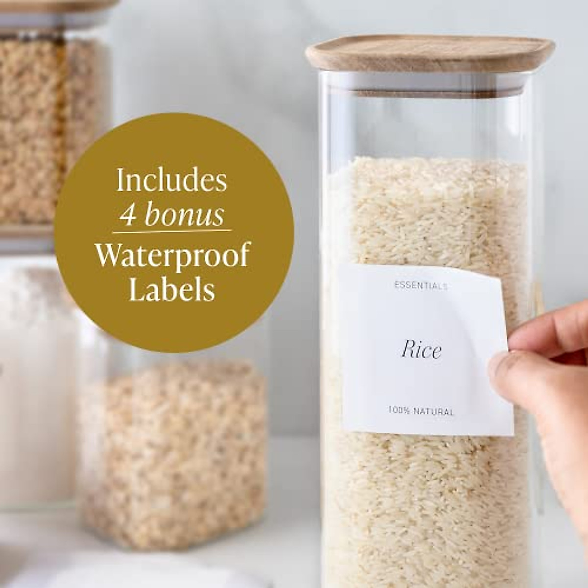 Bloom & Breeze Airtight Glass Pasta Containers for Pantry, Spaghetti Container, Glass Cereal Containers Storage, Rice Dispenser, Square Glass Storage Acacia Lids, Pack of 4, 32oz