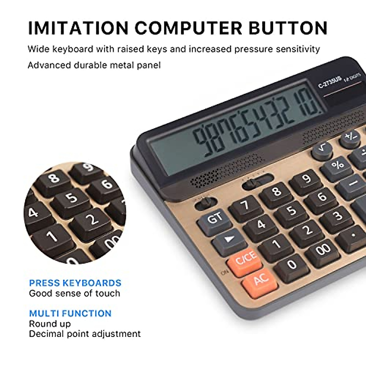 Calculators, Solar Battery Calculator Dual Power Large Standard Function Desktop Business Calculator with 12 Digit Large LCD Display Convenient for Office Home Student Finance Accounting- Gold