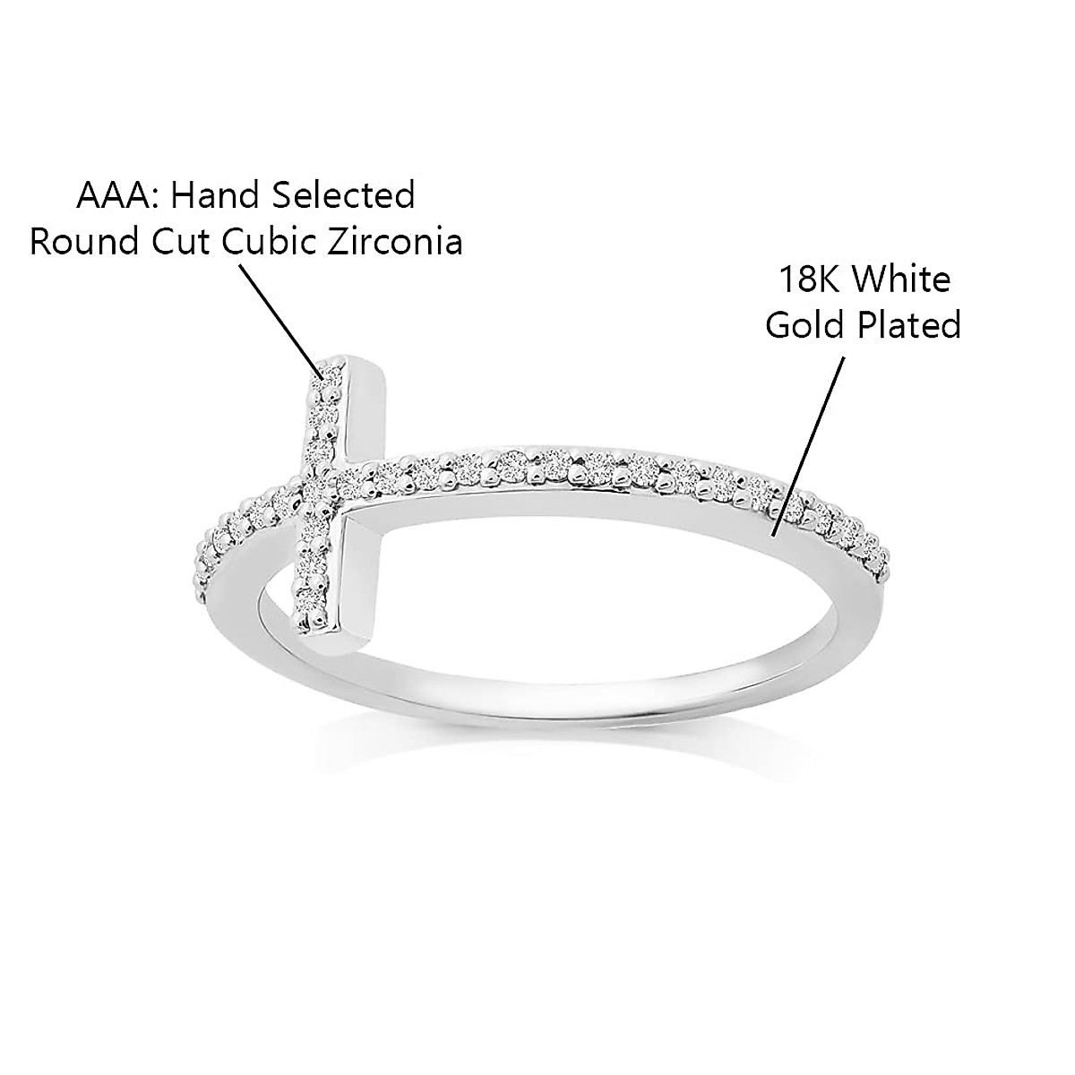 Savlano 18K White Gold Plated Round Cut Cubic Zirconia Sideways Cross Band Ring Women Religious Ring (9)