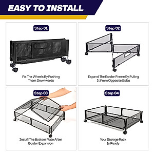 sortizligo 2pcs Large UnderBed Storage with Wheels - Sturdy Black Under Bed Storage with Wheels - Under the Bed Shoe Storage with Wheels of High-grade Steel – Can bare upto 25Kgs