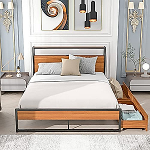 EMKK Queen Size Metal Platform Bed Frame with 2 Drawers,Sockets and USB Ports,Metal and Wood Platform Bed Frame, Wood Slat Support, No Box Spring,Easy Assembly, Black, Queen