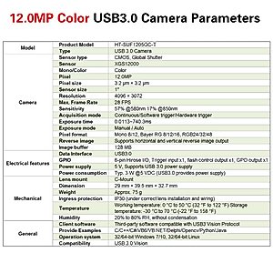 HTENG VISHI High Speed USB3.0 Color 12MP 1" Industrial Camera Machine Vision Global Shutter C-Mouth OpenCV Python SDK Area Scan Camera 4096X3072 28FPS Indoor