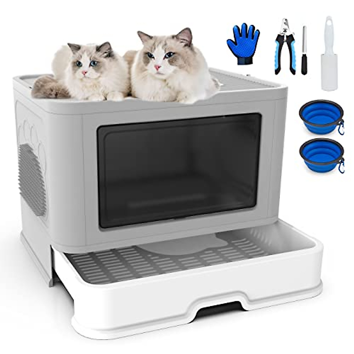 PandaFairy Foldable Cat Litter Box,Extra Large top Entry with lids,Easy to Clean Litter Plant,Smell Proof Anti-Splashing,XL Closed Litter Box(Gray)