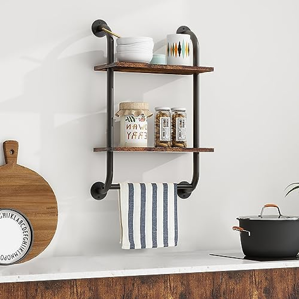 FLYJOE 2 Tier Bathroom Shelves with Towel Bar, Rustic Wall Mounted Industrial Pipe Shelving, Floating Shelves for Wall Decor & Storage for Bathroom Kitchen Living Room 23.6 x 16 Inch - Rustic Brown