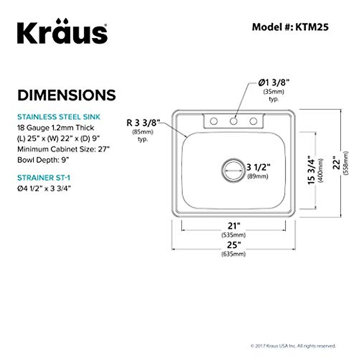 Kraus KTM25 25 inch Topmount Single Bowl 18 gauge Stainless Steel Kitchen Sink